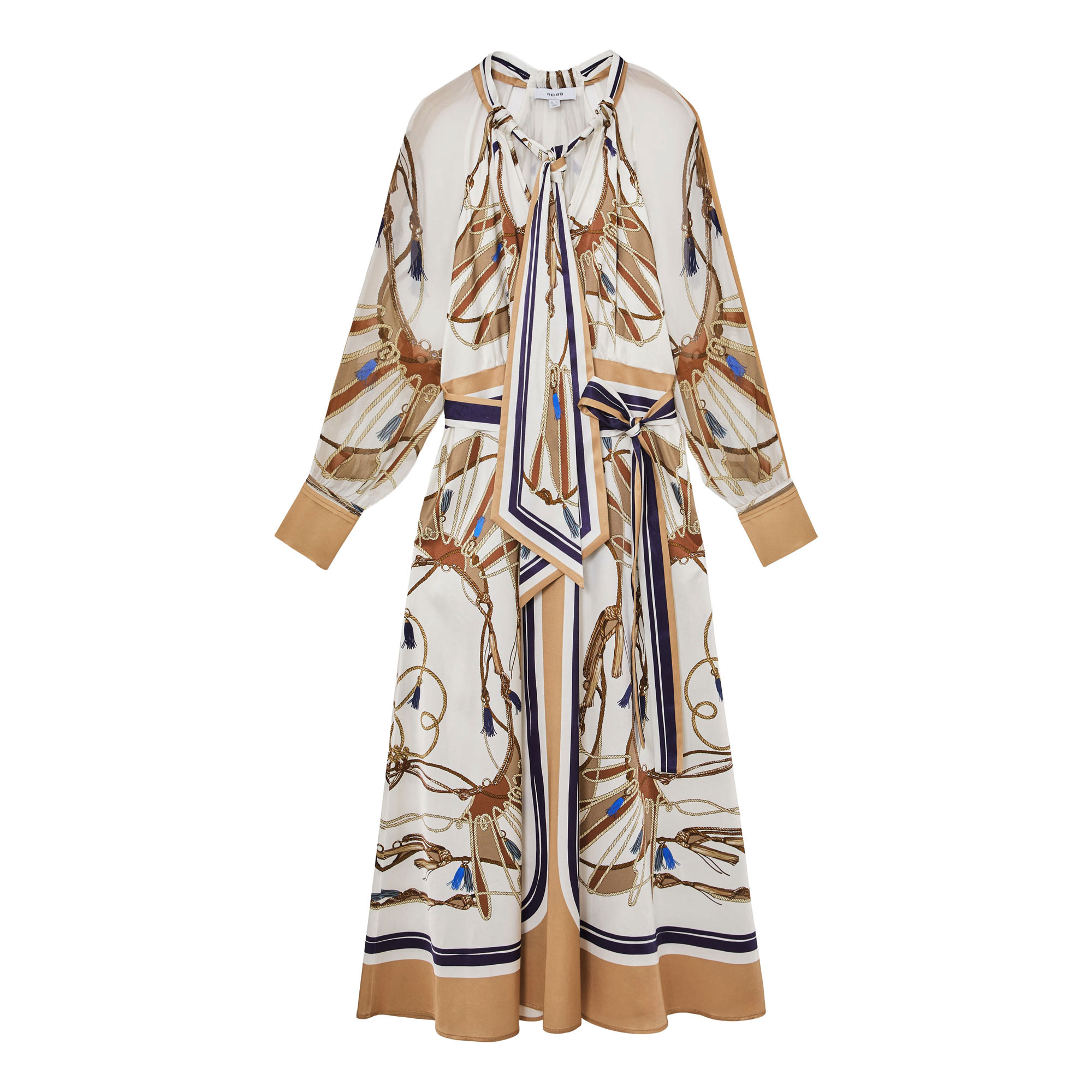 Ellie Foulard-Print Tie-Neck Flared Dress