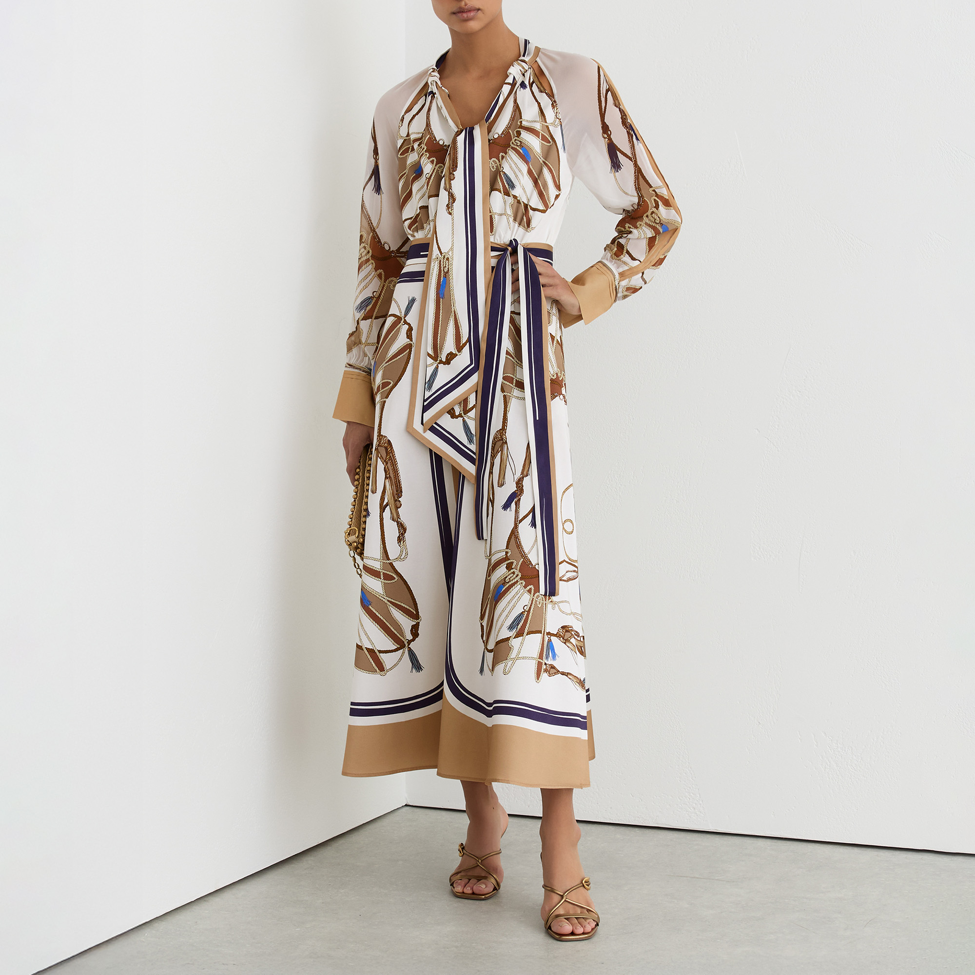 Ellie Foulard-Print Tie-Neck Flared Dress