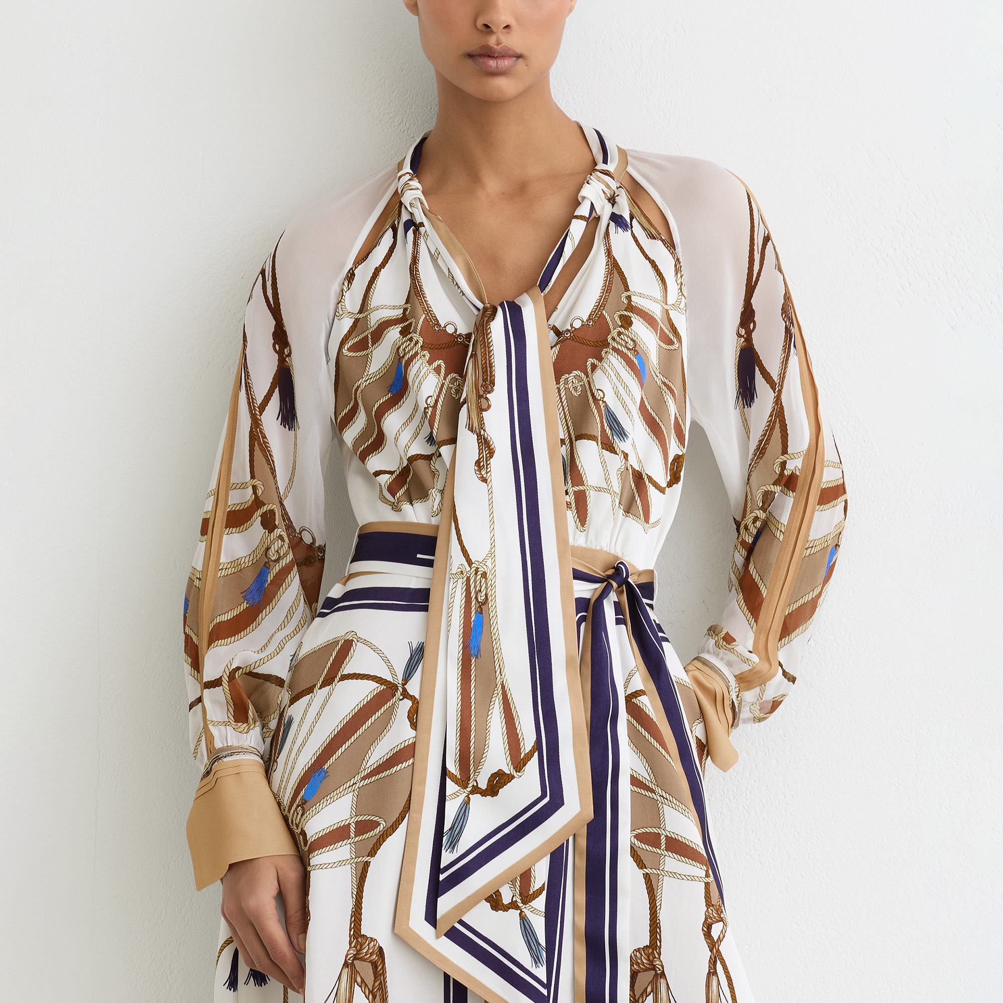 Ellie Foulard-Print Tie-Neck Flared Dress