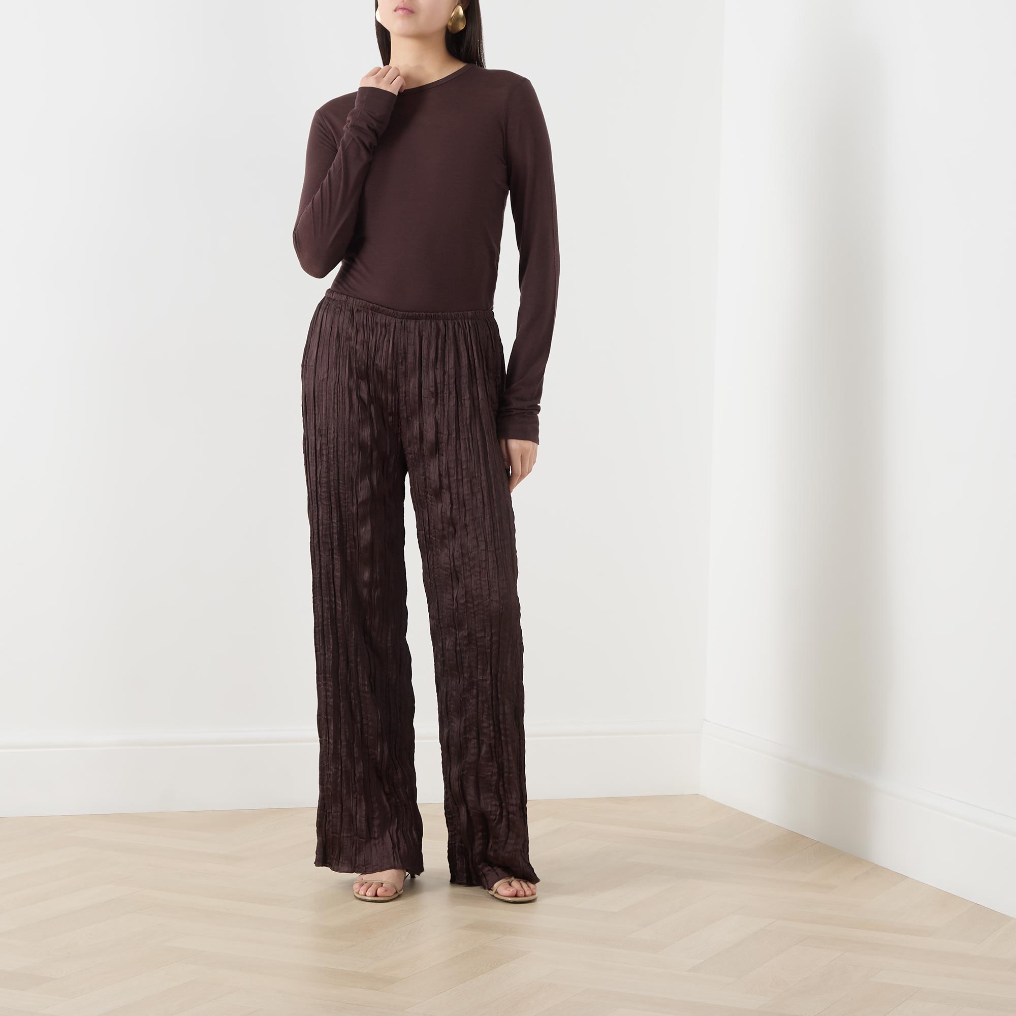 STAUD Nami Plissé Straight Leg Trousers