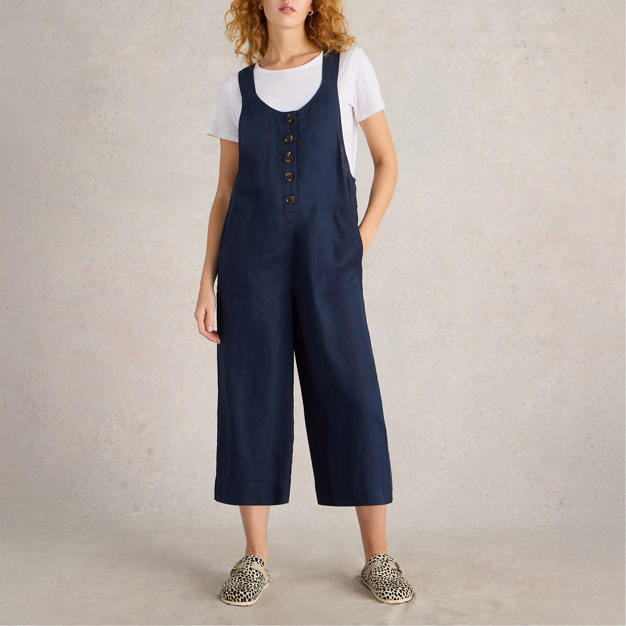 WHITE STUFF Viola Button Front Linen Dungarees